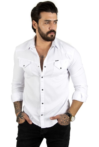 Deepsea Beyaz Çıtçıtlı Likralı Pamuk Kot Gömlek 2201858