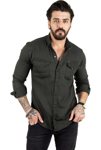 Deepsea Haki Çıtçıtlı Likralı Pamuk Kot Gömlek 2201858