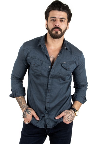 Deepsea Petrol Mavisi Çıtçıtlı Likralı Pamuk Kot Gömlek 2201858