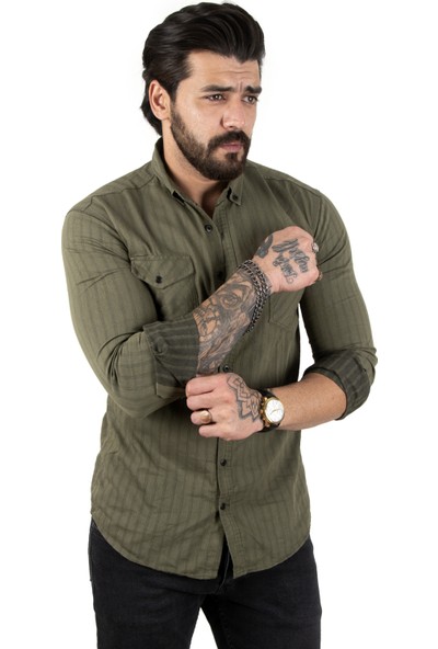 Deepsea Haki Çizgili Çıtçıtlı Likralı Kot Gömlek 2201859