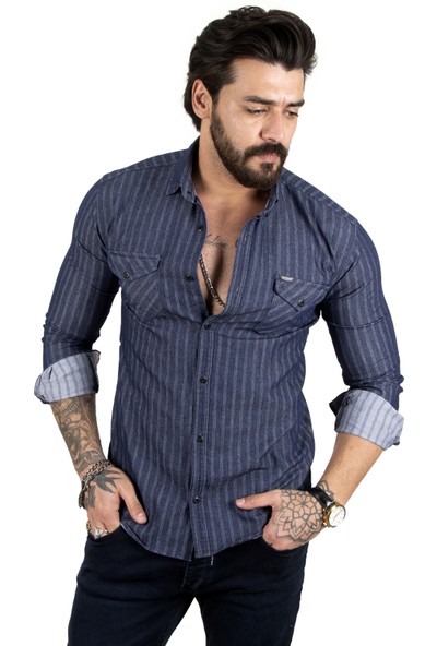 Deepsea Lacivert Çizgili Çıtçıtlı Likralı Kot Gömlek 2201859