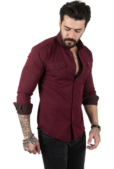 Deepsea Bordo Çizgili Çıtçıtlı Likralı Kot Gömlek 2201859