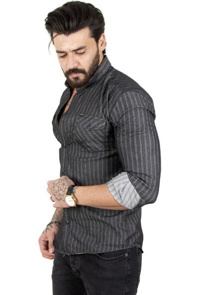 Deepsea Antracite Çizgili Çıtçıtlı Likralı Kot Gömlek 2201859 Deepsea Antracite Çizgili Çıtçıtlı Likralı Kot Gömlek 2201859