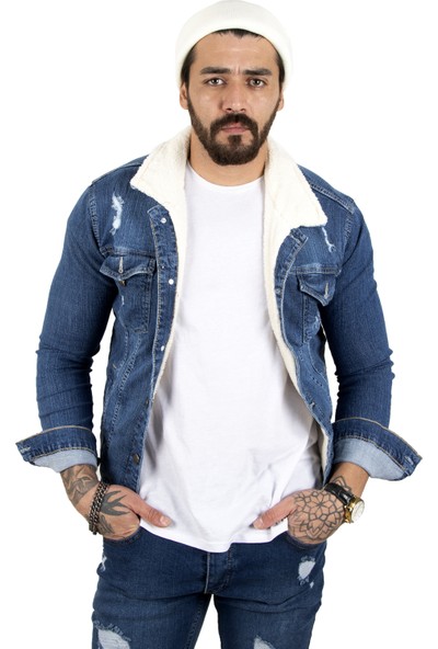 Deepsea Mavi Kürklü Likralı Metal Düğmeli Kot Mont 2201008