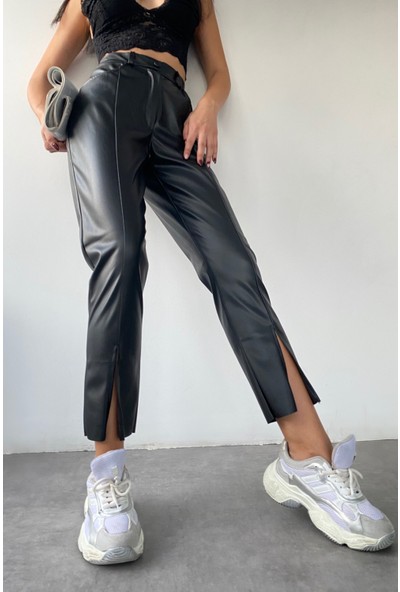Eka Kadın Siyah Yırtmaçlı Deri Pantolon 0291-10084