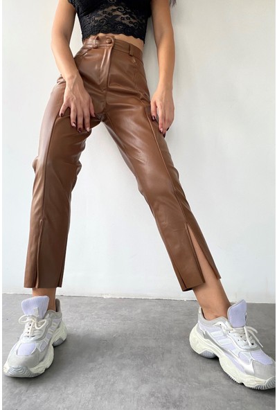 Eka Kadın Kahve Yırtmaçlı Deri Pantolon 0291-10084