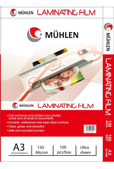 Mühlen Laminasyon Makinesi Filmi 150 Mc A3 1 Paket 100'lü Mühlen Laminasyon Makinesi Filmi 150 Mc A3 1 Paket 100'lü