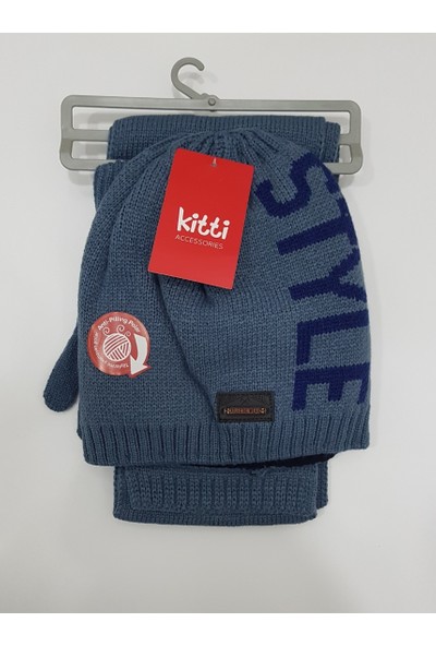 Kitti Erkek Çocuk Lacivert Renk Şapka Içi Polar Atkı Şapka Eldiven 3lü Takım
