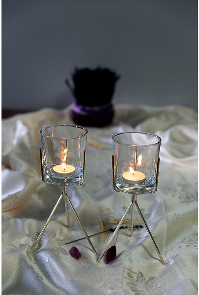 In Dream Lüx Metal Ayaklı Gümüş Cam Saksı Mumluk 2'li