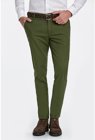 Hemington Çizgi Desenli Pamuk Yeşil Chino Pantolon