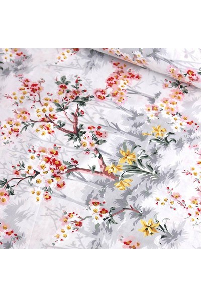 Gri Sarı Japon Çiçeği Nevresimlik Poplin Kumaş