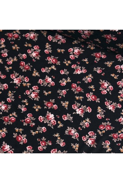 Siyah Zemin Kırmızı Minik Gül Kaşmir Viskon