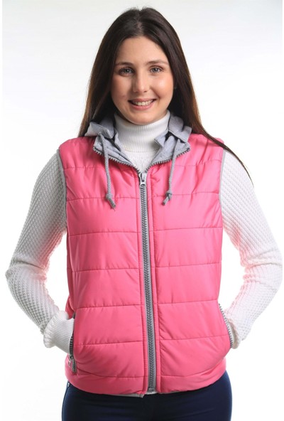 İntersivin Çıkarılabilir Kapüşonlu Fermuarlı Beyaz Kadın Yelek Dfn-01