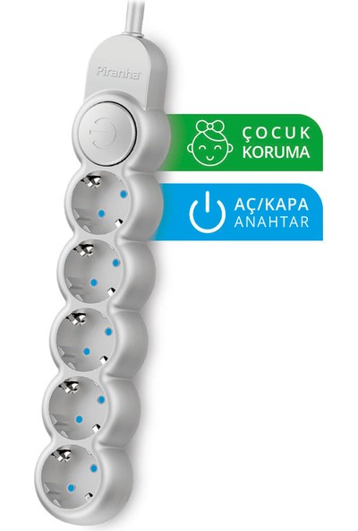 Piranha 3394W Isıya Dayanıklı Termal Akım Korumalı 2m 10A 2500W 5'li Uzatma Kablosu - Beyaz