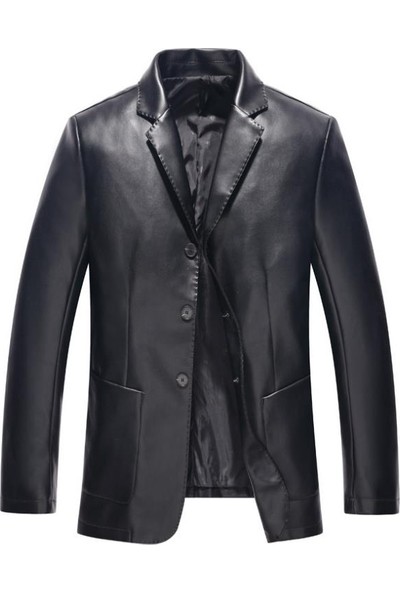 Skimsx Pu Deri Slim Fit Büyük Beden Ceket Siyah  L (Yurt Dışından)