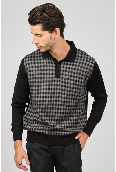 Pave Erkek Kare Desenli Yün Kazak 4536074 Siyah