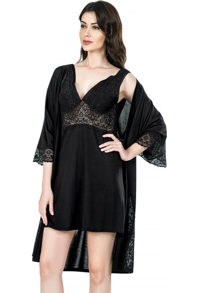 Ahu Siyah 7'li Penye Sabahlık Gecelik Takımı 7678 Ahu Siyah 7'li Penye Sabahlık Gecelik Takımı 7678