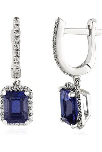 Engingold 0.30CT Pırlantalı Baget Safir Taşlı Küpe