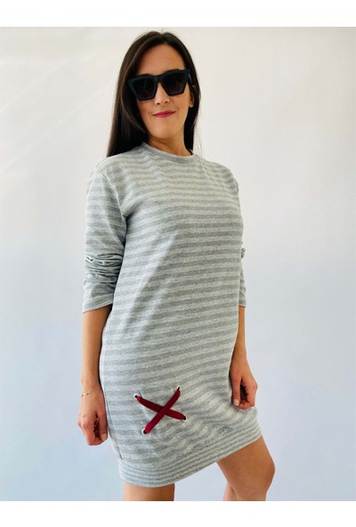 Gaia Gri Çizgili Çapraz Ip Detaylı Sweat Elbise