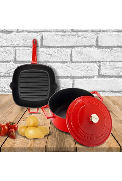 Lava 22 cm Folk + 26 cm Kare 2'li Demir Döküm Tava Tencere Seti Kırmızı Lava 22 cm Folk + 26 cm Kare 2'li Demir Döküm Tava Tencere Seti Kırmızı