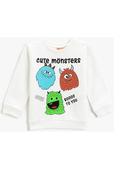 Koton Canavar Baskılı Sweatshirt Bisiklet Yaka Pamuklu