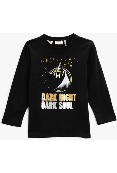 Koton Batman Lisanslı Baskılı Tişört Pullu Pamuklu Uzun Kollu