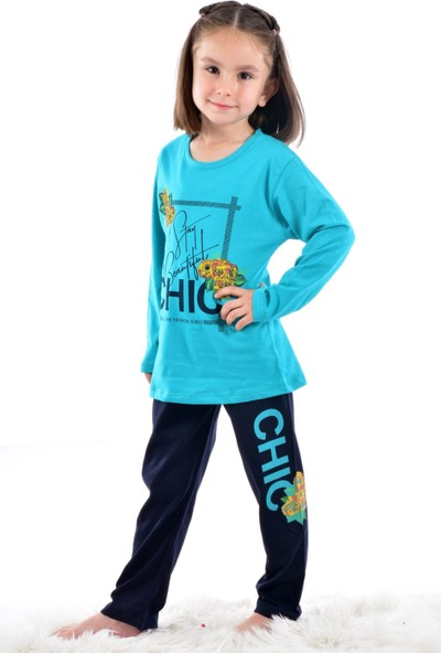 Pemilo Kız Çocuk Dört Mevsim Çiçekli Yazılı Pijama Takım Turkuaz