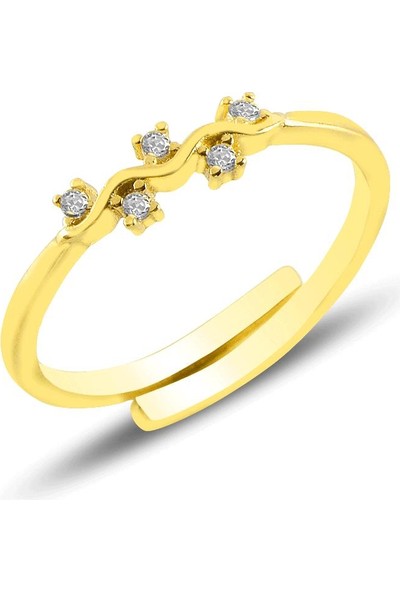 Söğütlü Silver Gümüş Altın Yaldızlı Alttan Ayarlamalı Zirkon Taşlı Dalgalı Yüzük
