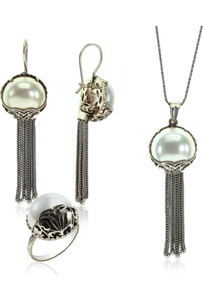 Söğütlü Silver Gümüş Incili Püsküllü Otantik Üçlü Set