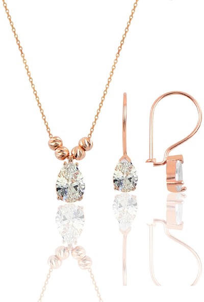 Söğütlü Silver Gümüş Rose Zirkon Taşlı Dorica Damla Kolye ve Çengelli Küpe Seti Söğütlü Silver Gümüş Rose Zirkon Taşlı Dorica Damla Kolye ve Çengelli Küpe Seti