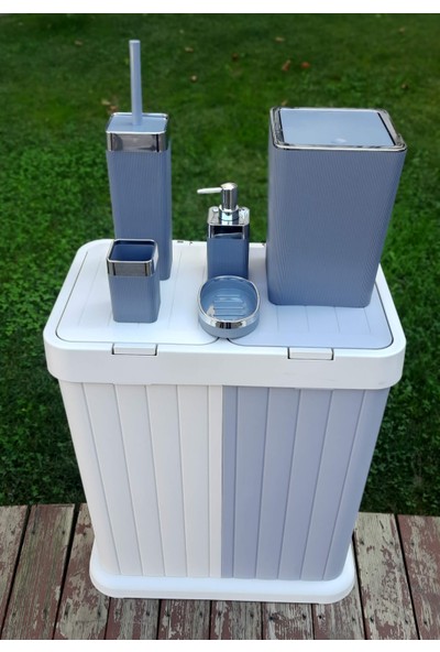 Ahir Ticaret Otomatik Kirli Çamaşır Sepeti ve 5'li Banyo Seti