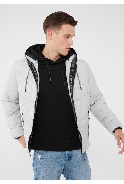 Mavi Kapüşonlu Gri Şişme Mont