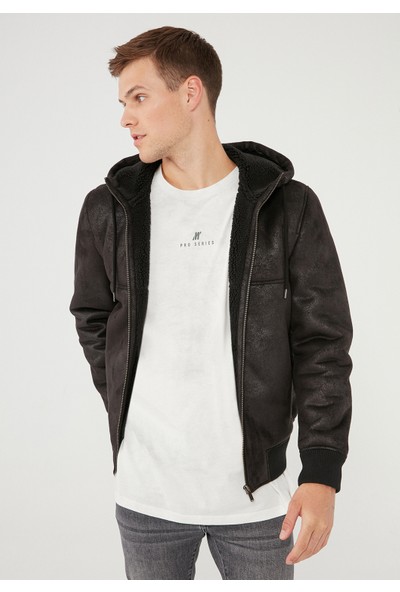 Mavi Kapüşonlu Siyah Ceket