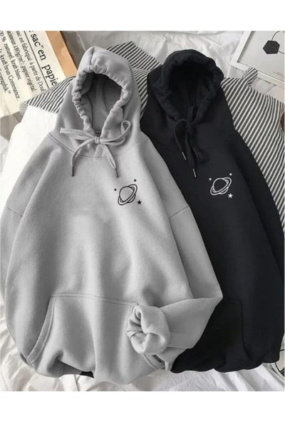 Satürn Nakışlı Gri Unisex Sweatshirt