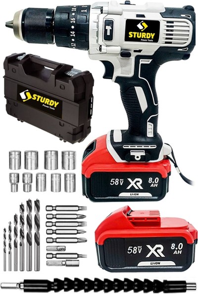 Sturdy 58V 6AH Metal Sanzumanlı Setli Li-ion Çift Akülü Şarjlı Matkap 27 Parca Setli Sturdy 58V 6AH Metal Sanzumanlı Setli Li-ion Çift Akülü Şarjlı Matkap 27 Parca Setli