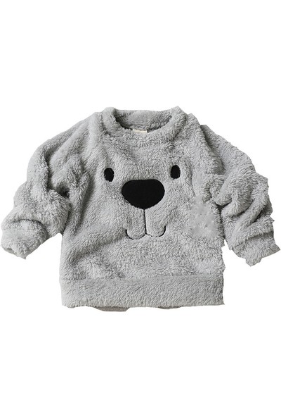 Çocuk Sıcak Ayı Desenli Peluş Kapüşonsuz Sweatshirt