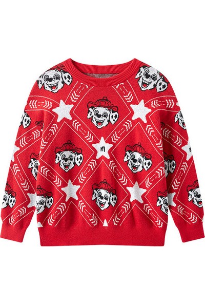 Çocuk Yuvarlak Yakalı Desenli Kırmızı Kazak