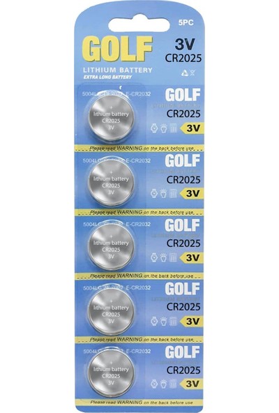 Golf Pil Düğme 3V 2025 Golf CR-2025 SK.2026 5'li Golf Pil Düğme 3V 2025 Golf CR-2025 SK.2026 5'li
