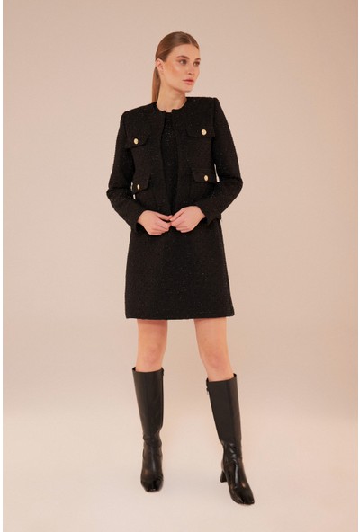 Gusto Tüvit Simli Ceket - Siyah