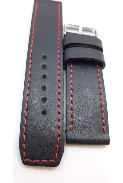 Prizma Kırmızı Dikişli Siyah Suni Deri Saat Kordonu