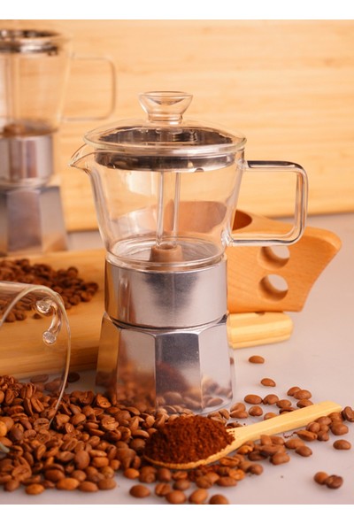 Taşev Silver - Cam Moka Pot 6 Fincan Taşev Silver - Cam Moka Pot 6 Fincan