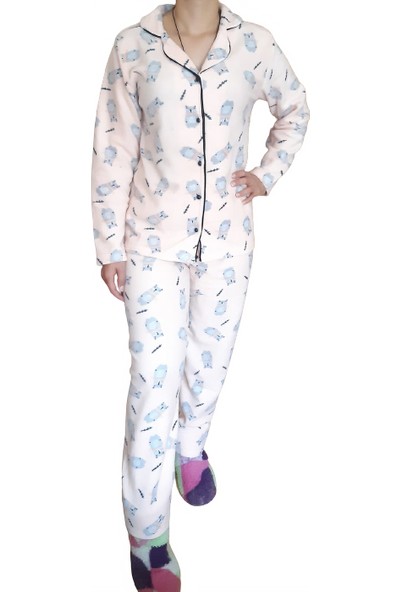 Gigi Giyim Pembe Baskılı Önü Düğmeli Polar Pijama Takımı