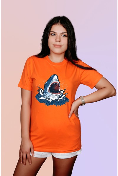 ErTa Passage Kadın Turuncu Mavi Köpek Balığı Baskılı Oversize T-Shirt T2633137