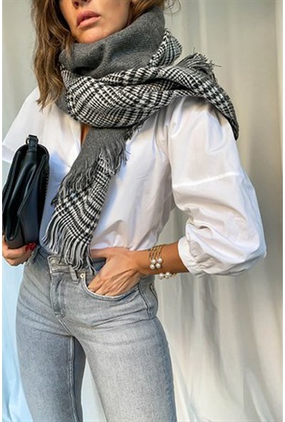 Bloom Night Kazayağı Desenli Gri Çift Taraflı Yumuşak Dokulu Atkı