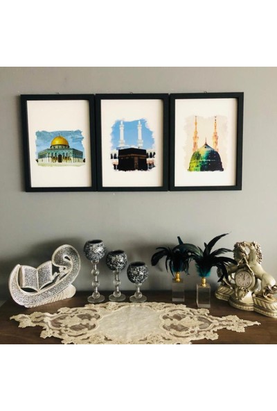 Bi Hayal Dekor Ahşap Çerçeveli 3 Lü Dini Set Kâbe, Ravza, Mescidi Aksa Bi Hayal Dekor Ahşap Çerçeveli 3 Lü Dini Set Kâbe, Ravza, Mescidi Aksa