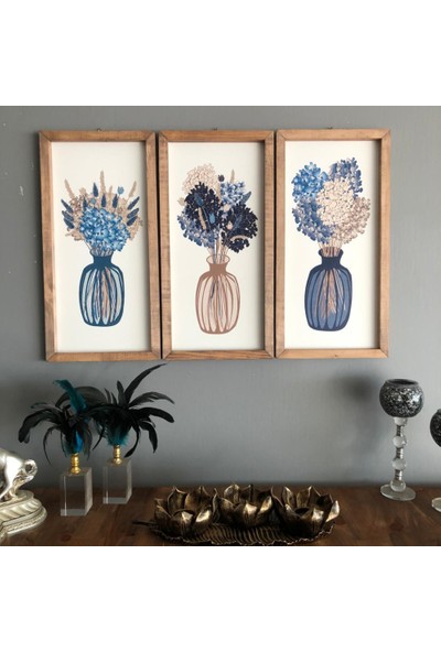 Bi Hayal Dekor Ahşap Çerçeveli 3 Lü Tablo Seti Saksılı Soft Çiçek