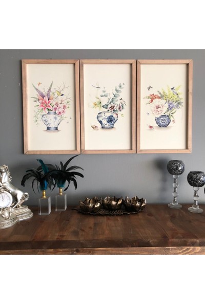 Bi Hayal Dekor Ahşap Çerçeveli 3 Lü Soft Çiçek Seti Çini Vazolu