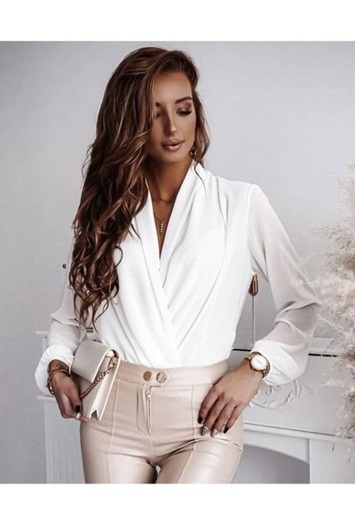 Wellway Kruvaze Yaka Sandy Kumaş Bluz JNS07