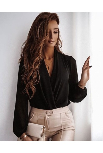 Wellway Kruvaze Yaka Sandy Kumaş Bluz JNS05