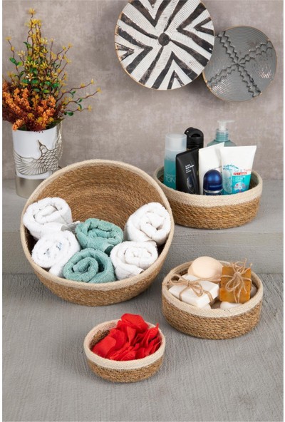 Homenıva Naturel Hasır Sepet Organizer, Banyo Organizer, Beyaz Şeritli 4 Boy